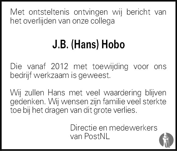 J.B. (Hans) Hobo 19-04-2016 overlijdensbericht en condoleances ...