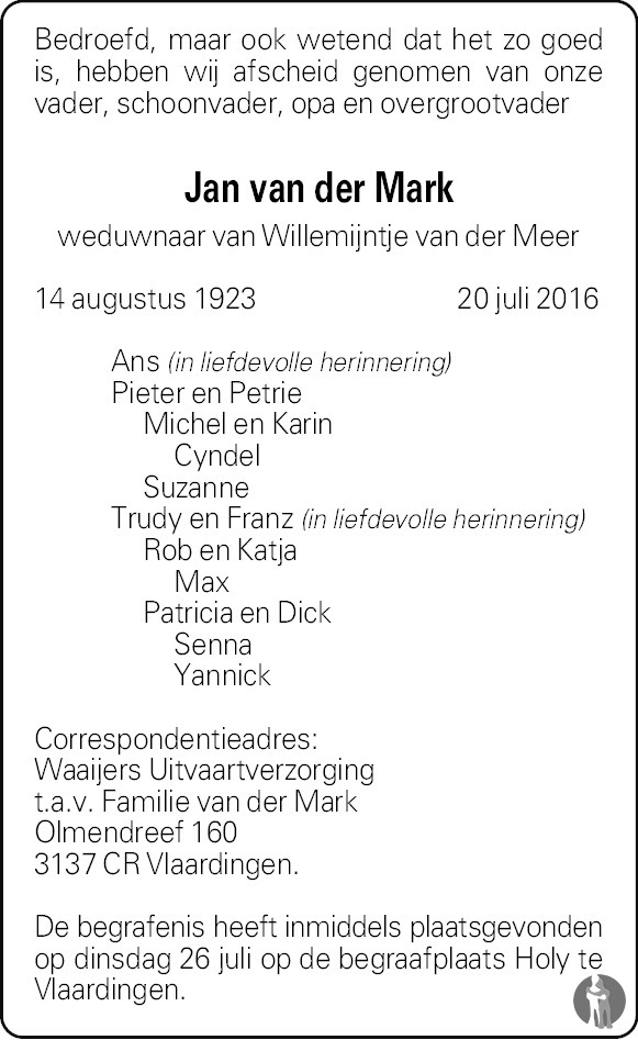 Jan van der Mark 20-07-2016 overlijdensbericht en condoleances ...