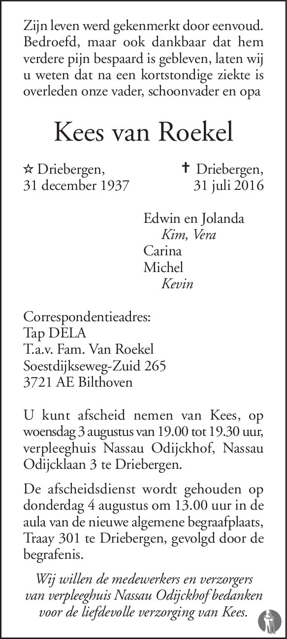 Kees van Roekel 31-07-2016 overlijdensbericht en condoleances ...