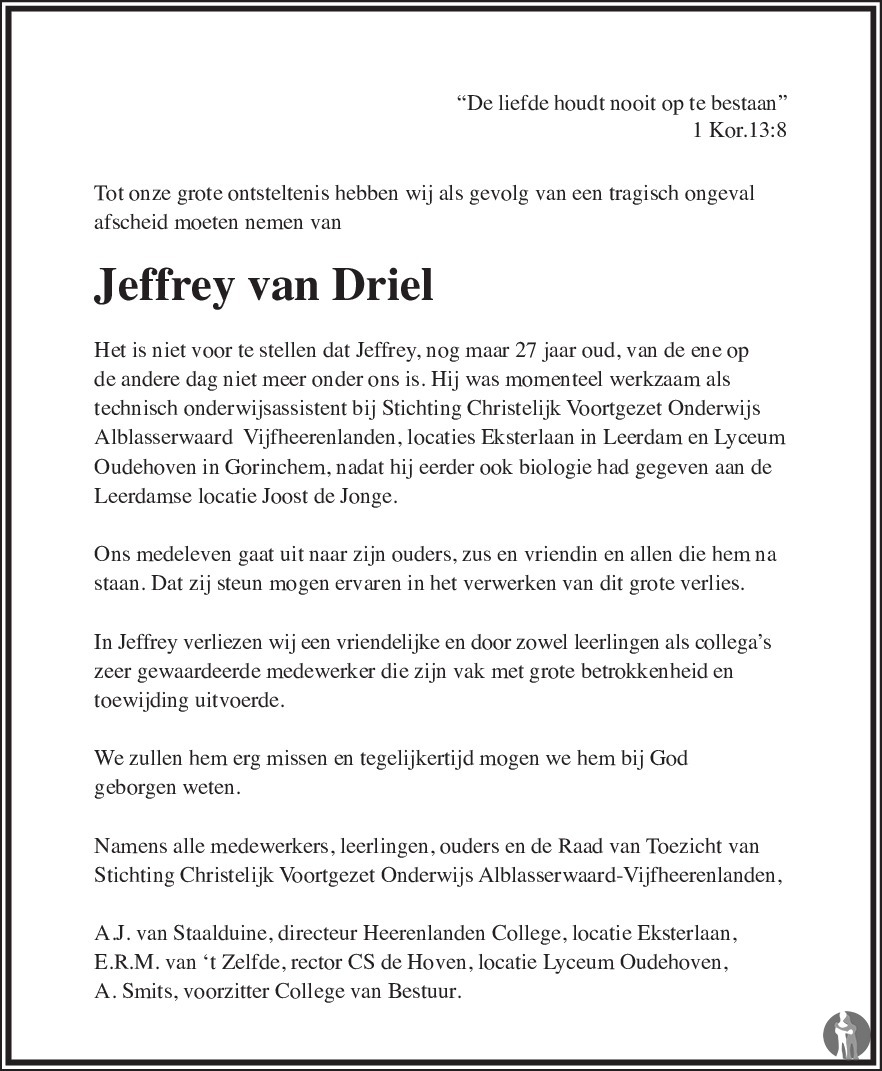 Jeffrey van Driel 30-08-2016 overlijdensbericht en condoleances ...