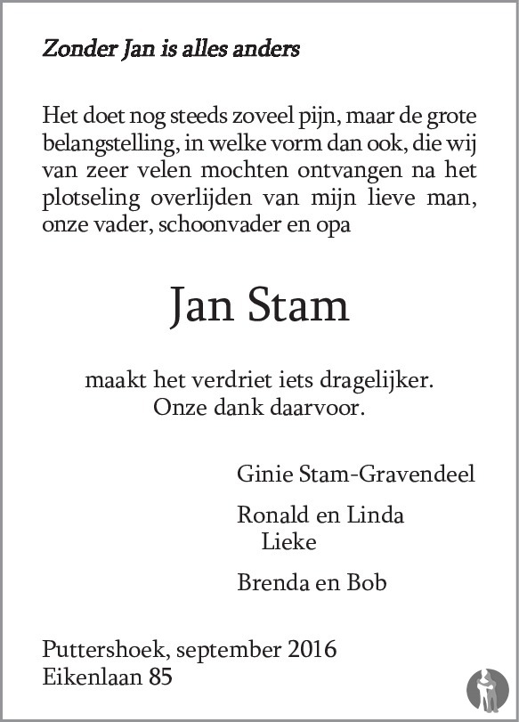 Jan Stam 19-07-2016 overlijdensbericht en condoleances - Mensenlinq.nl