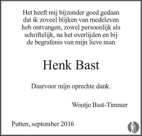 Hendrik Bast 04-08-2016 overlijdensbericht en condoleances - Mensenlinq.nl