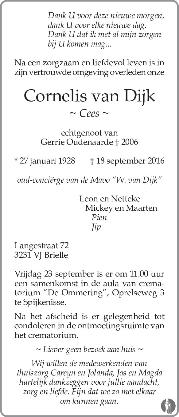 Cornelis (Cees) van Dijk 18-09-2016 overlijdensbericht en condoleances ...
