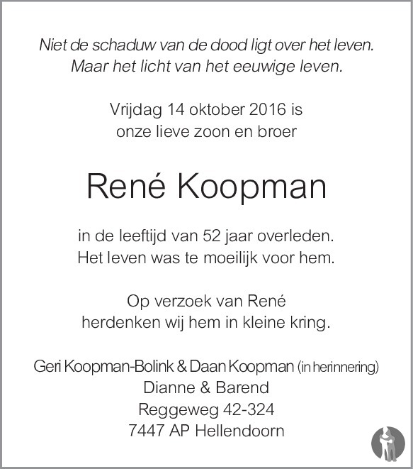 René Koopman 14-10-2016 overlijdensbericht en condoleances - Mensenlinq.nl