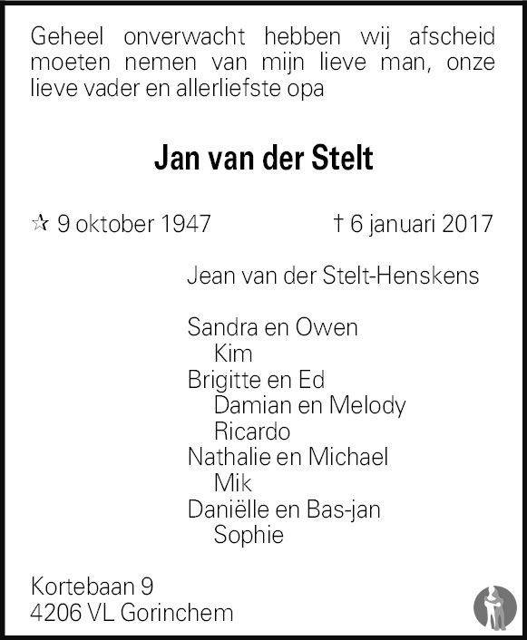 Jan van der Stelt 06-01-2017 overlijdensbericht en condoleances ...