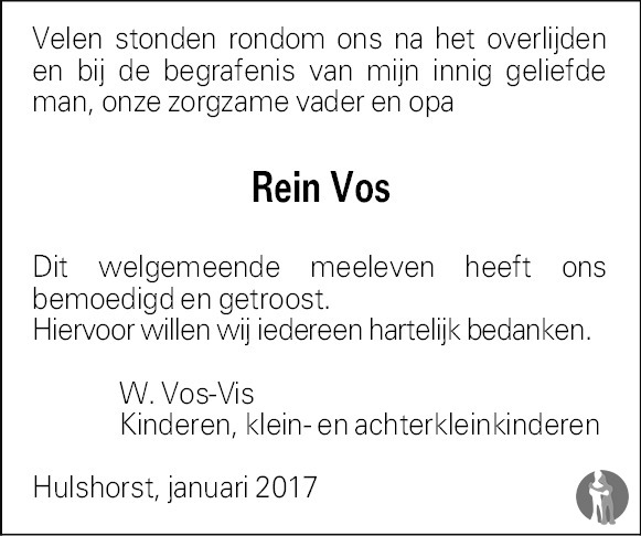 Rein Vos 23-01-2017 overlijdensbericht en condoleances - Mensenlinq.nl