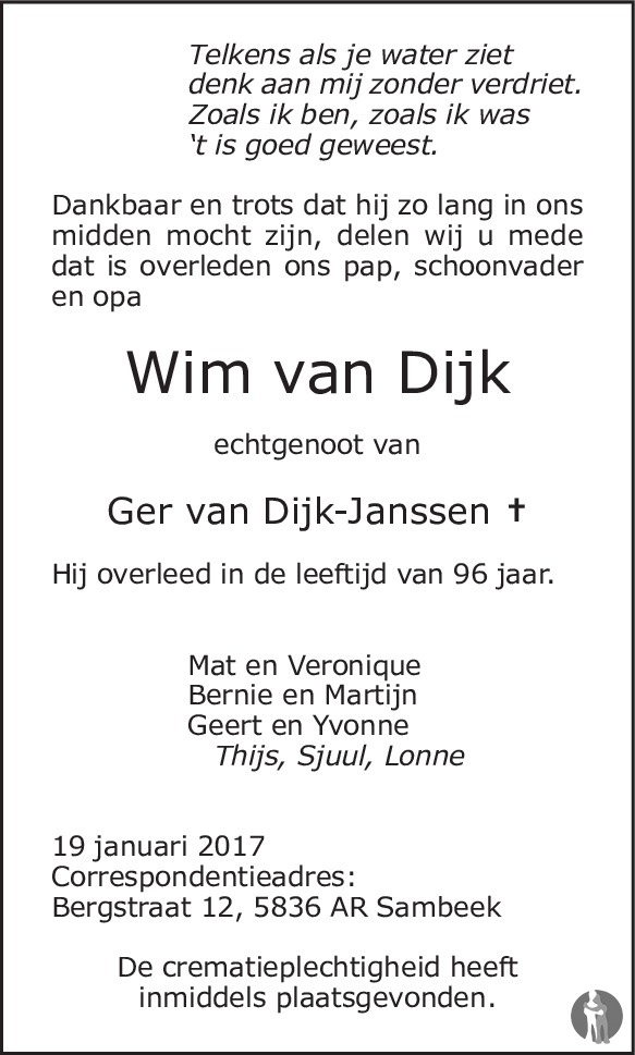 Wim van Dijk 19-01-2017 overlijdensbericht en condoleances - Mensenlinq.nl