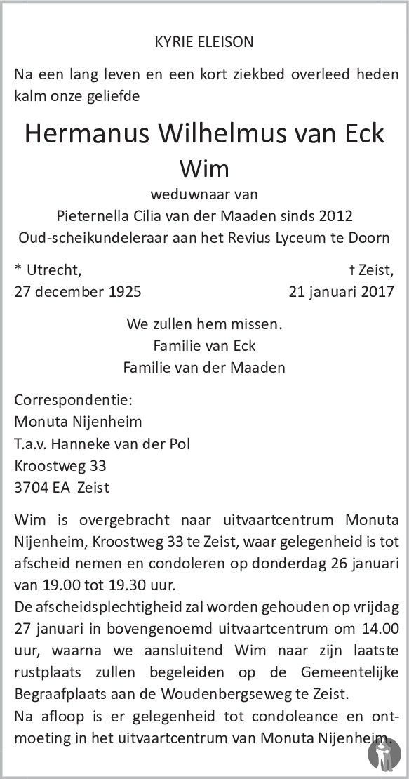 Hermanus Wilhelmus (Wim) van Eck 21-01-2017 overlijdensbericht en ...