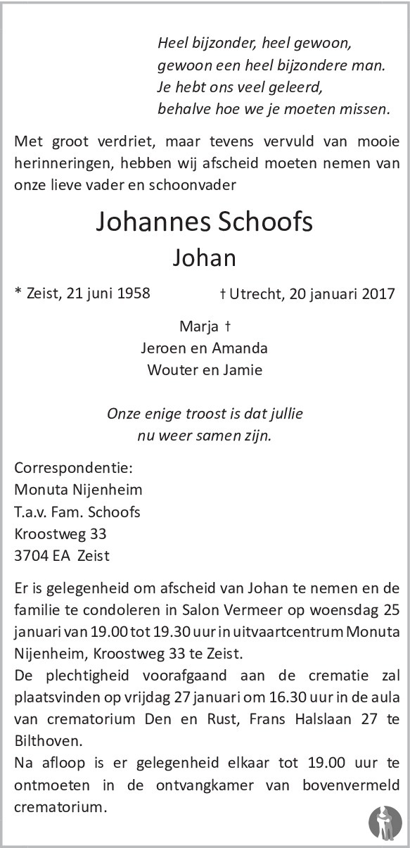 Johannes (Johan) Schoofs 20-01-2017 overlijdensbericht en condoleances ...