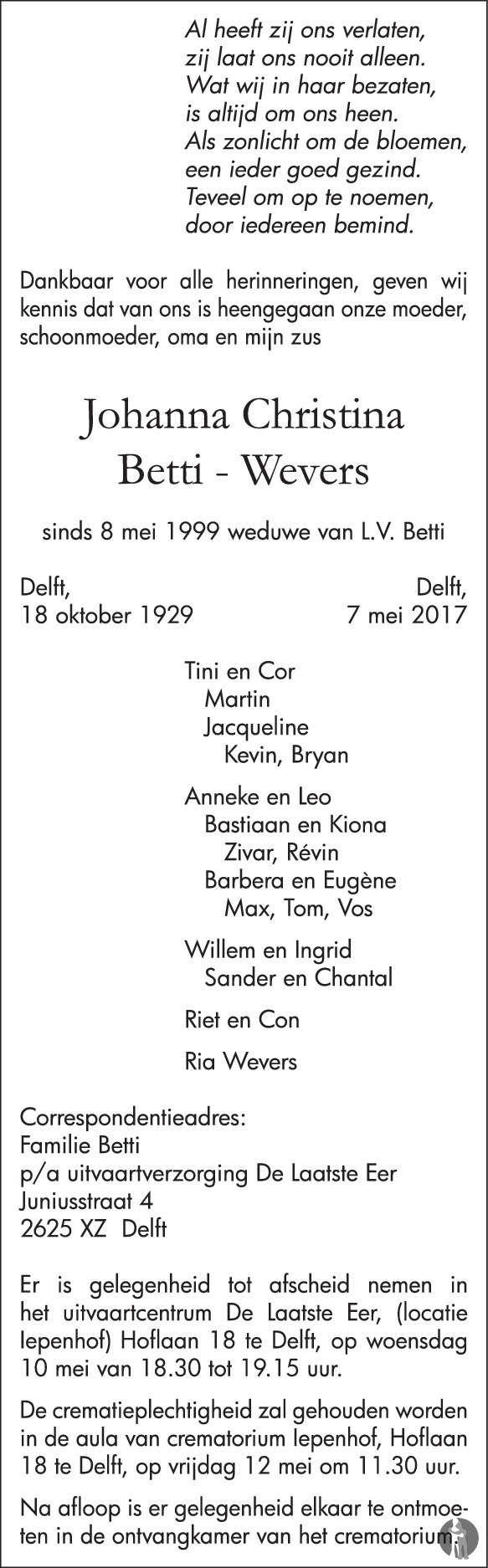 Johanna Christina Betti - Wevers 07-05-2017 overlijdensbericht en ...