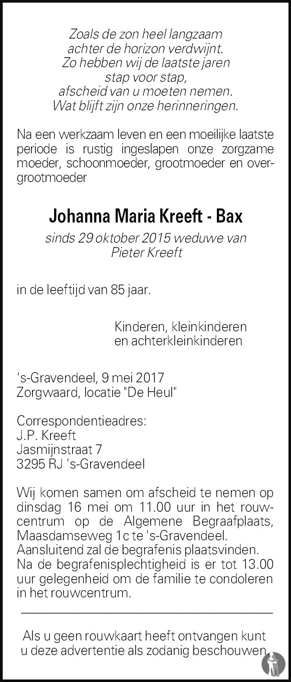 Johanna Maria Kreeft - Bax 09-05-2017 overlijdensbericht en ...