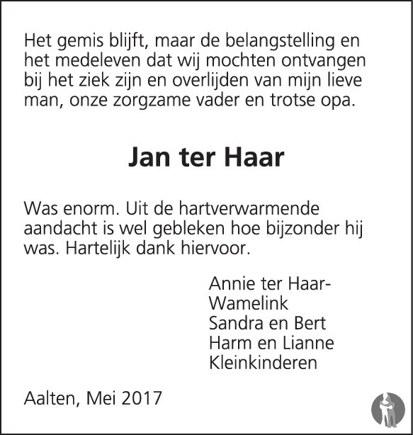Jan ter Haar 17-05-2017 overlijdensbericht en condoleances - Mensenlinq.nl