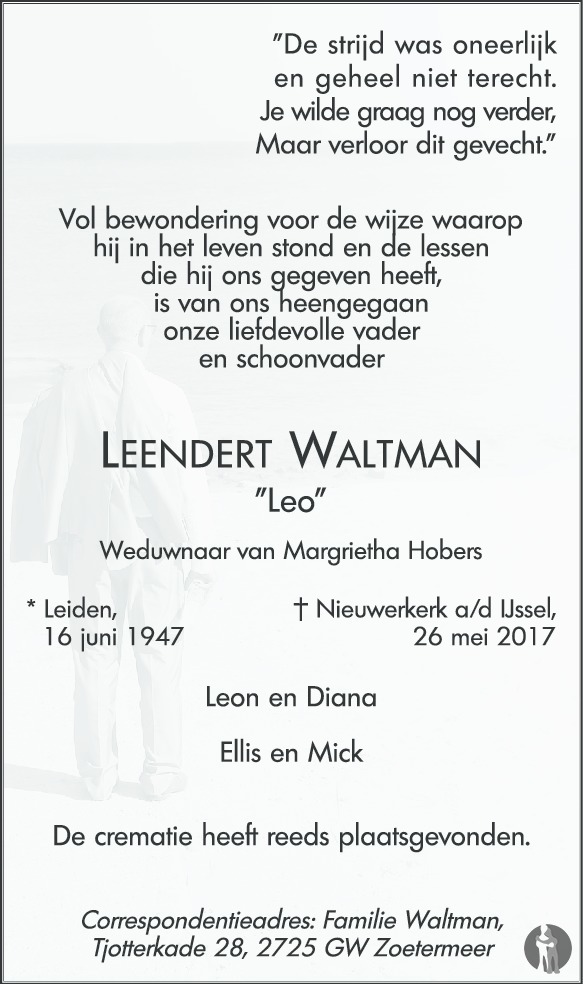 Leendert (Leo) Waltman 26-05-2017 overlijdensbericht en condoleances ...