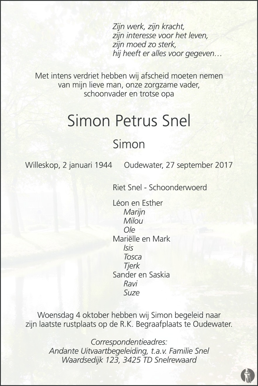 Simon Petrus (Simon) Snel 27-09-2017 overlijdensbericht en condoleances ...