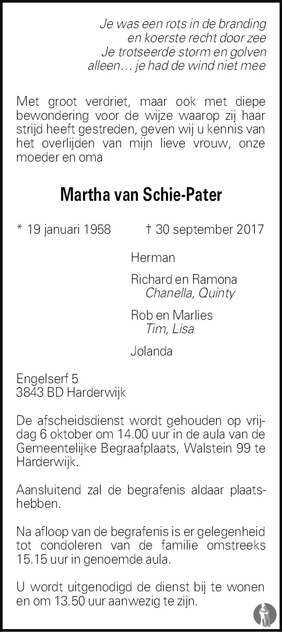 Martha van Schie - Pater 30-09-2017 overlijdensbericht en condoleances ...