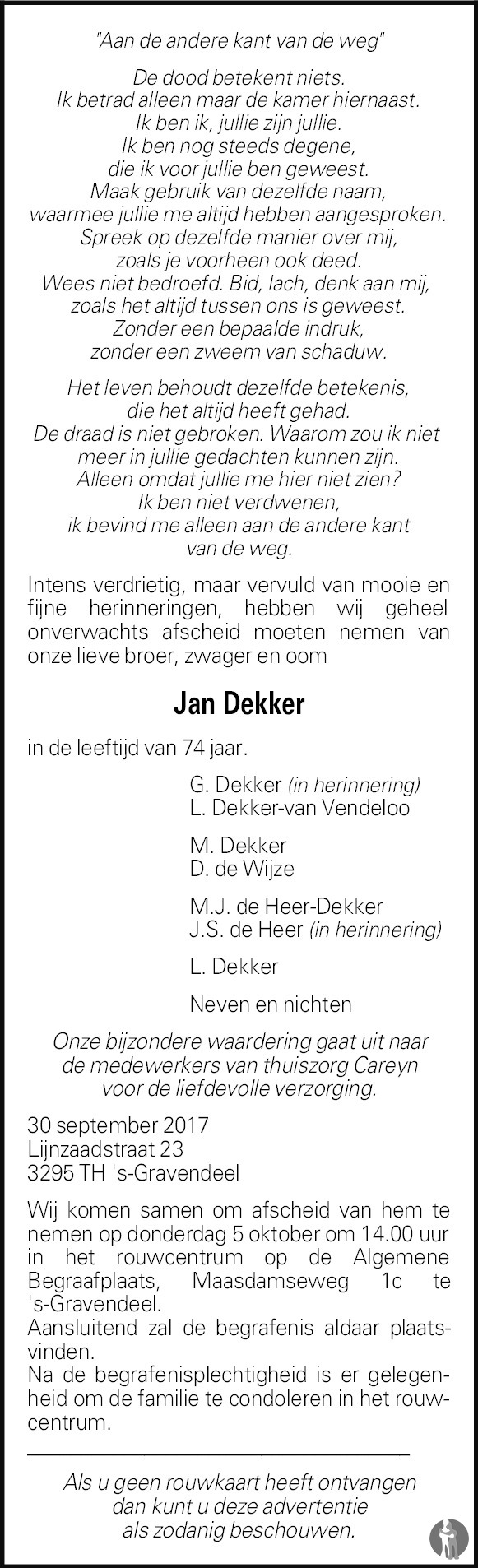 Jan Dekker 30-09-2017 overlijdensbericht en condoleances - Mensenlinq.nl