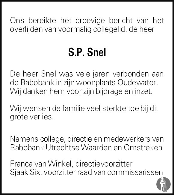 Simon Petrus (Simon) Snel 27-09-2017 overlijdensbericht en condoleances ...