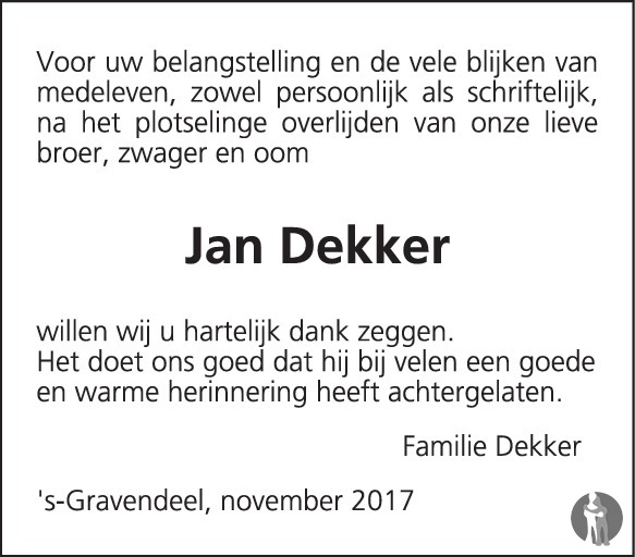 Jan Dekker 30-09-2017 overlijdensbericht en condoleances - Mensenlinq.nl
