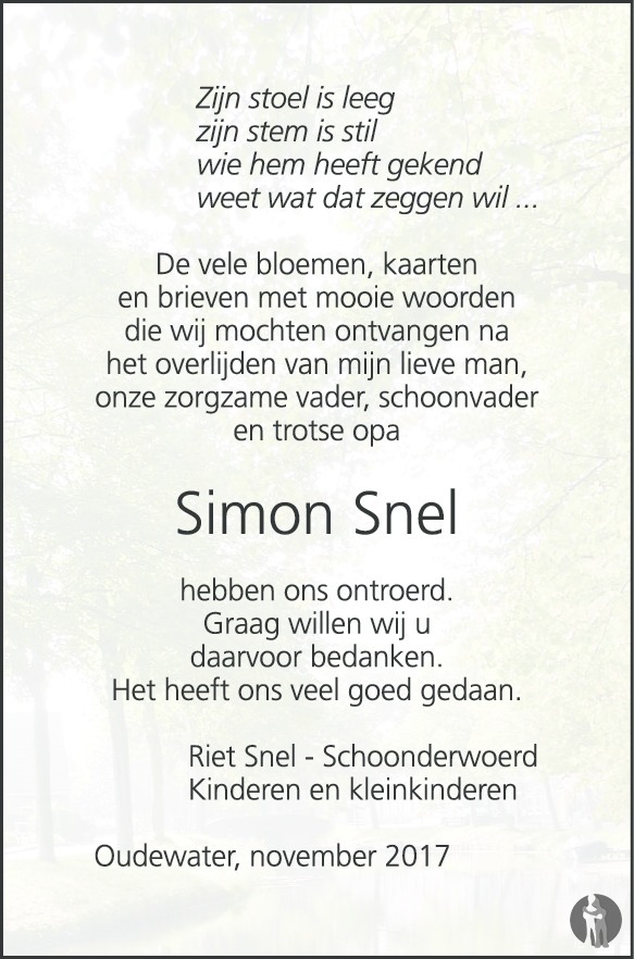 Simon Petrus (Simon) Snel 27-09-2017 overlijdensbericht en condoleances ...