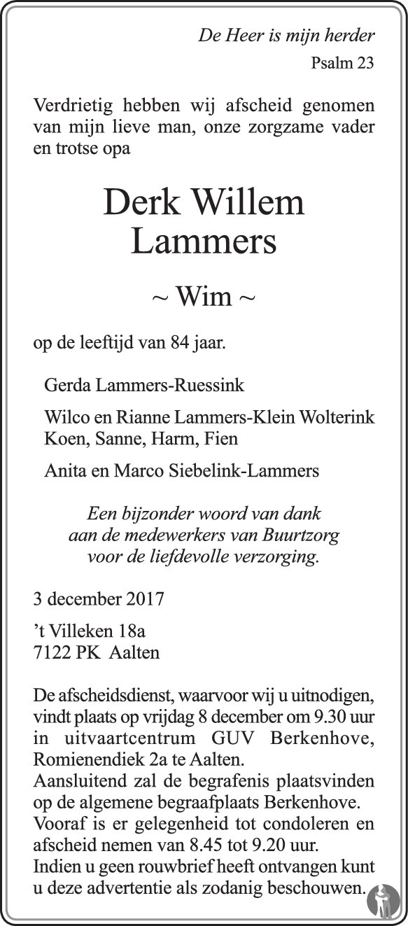 Derk Willem (Wim) Lammers 03-12-2017 overlijdensbericht en condoleances ...