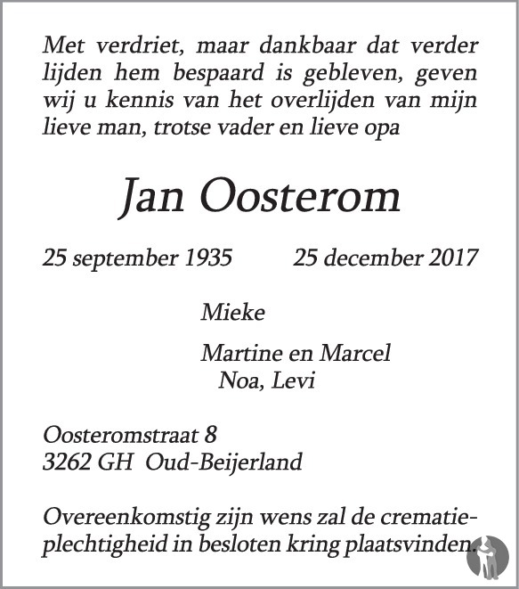 Jan Oosterom 25-12-2017 overlijdensbericht en condoleances - Mensenlinq.nl