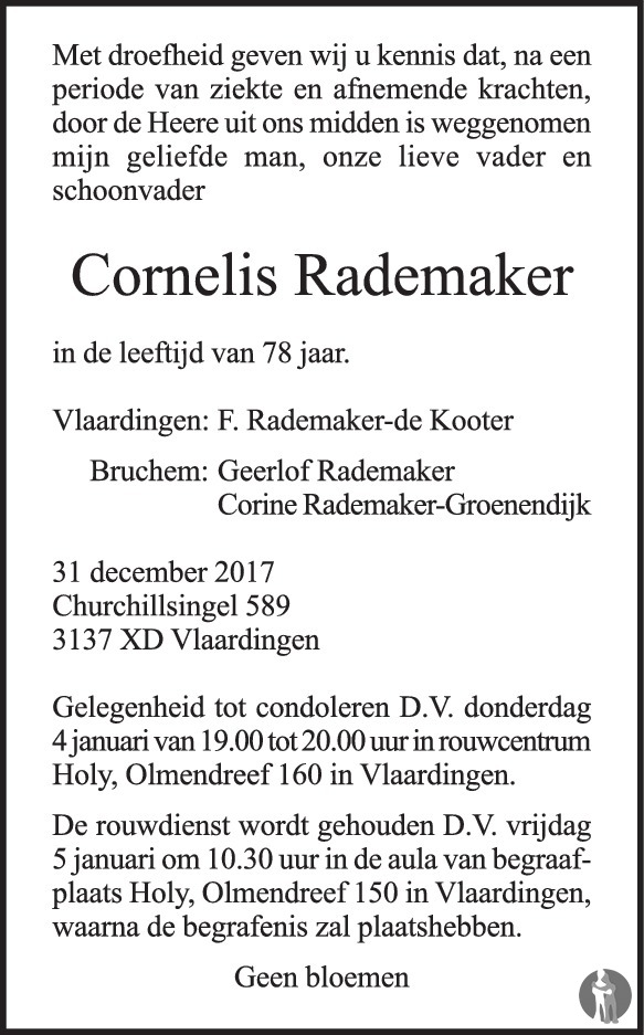 Cornelis Rademaker 31-12-2017 overlijdensbericht en condoleances ...