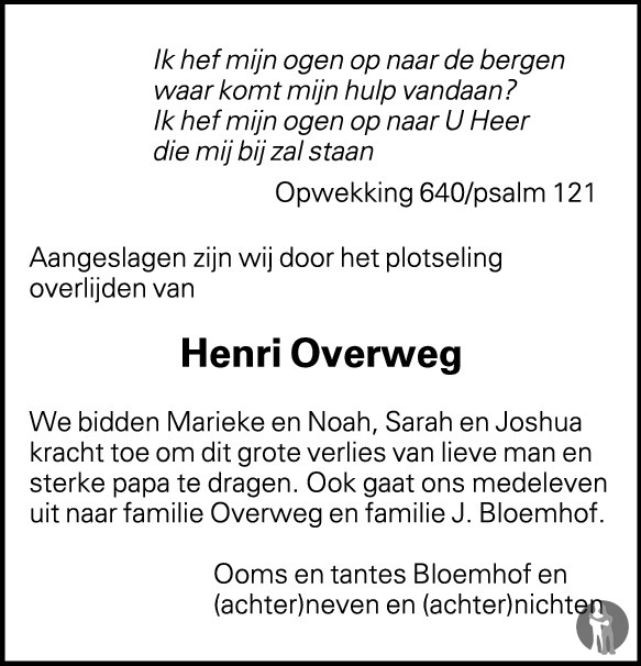 Henri Overweg 14-01-2018 overlijdensbericht en condoleances - Mensenlinq.nl