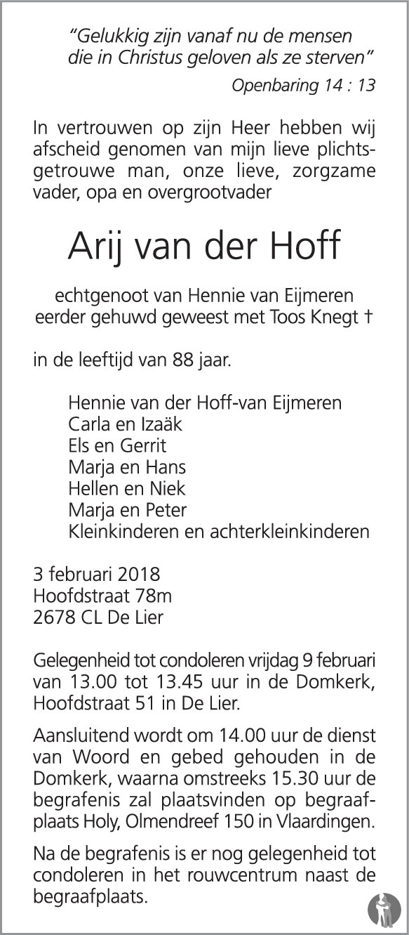 Arij van der Hoff 03-02-2018 overlijdensbericht en condoleances ...