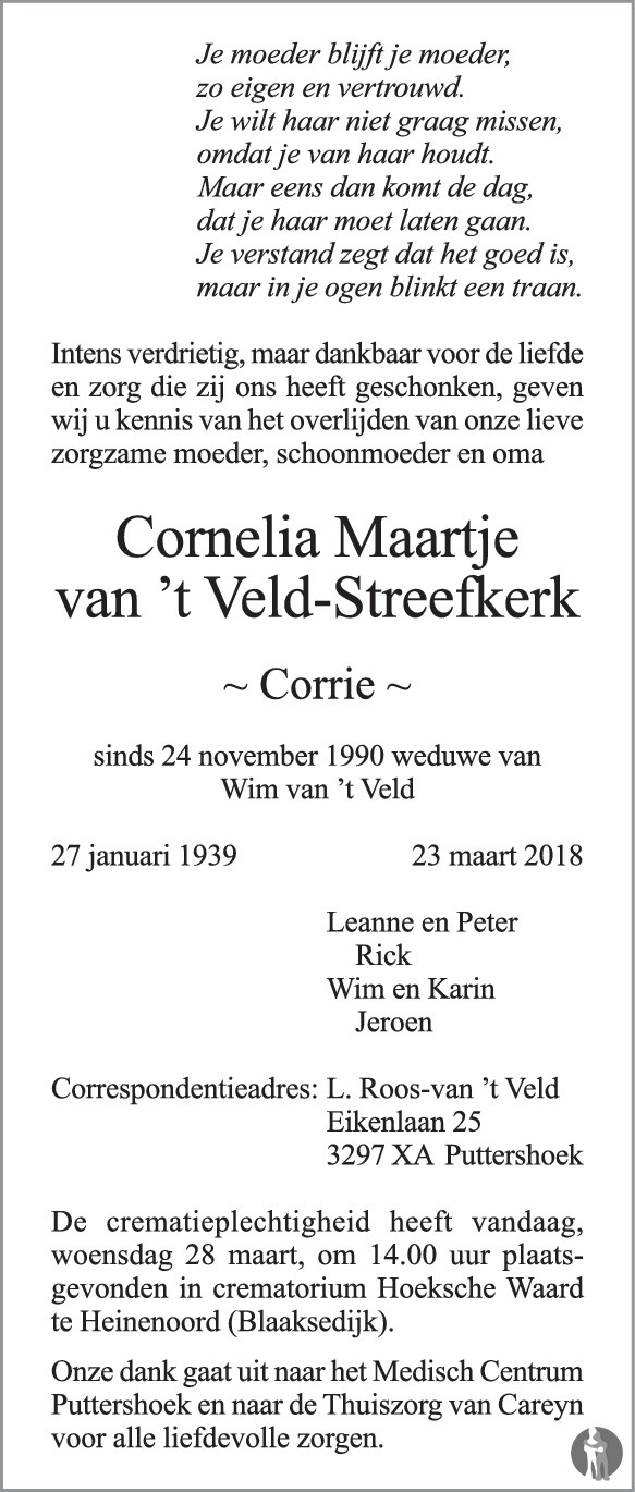 Cornelia Maartje (Corrie) van 't Veld - Streefkerk 23-03-2018 ...