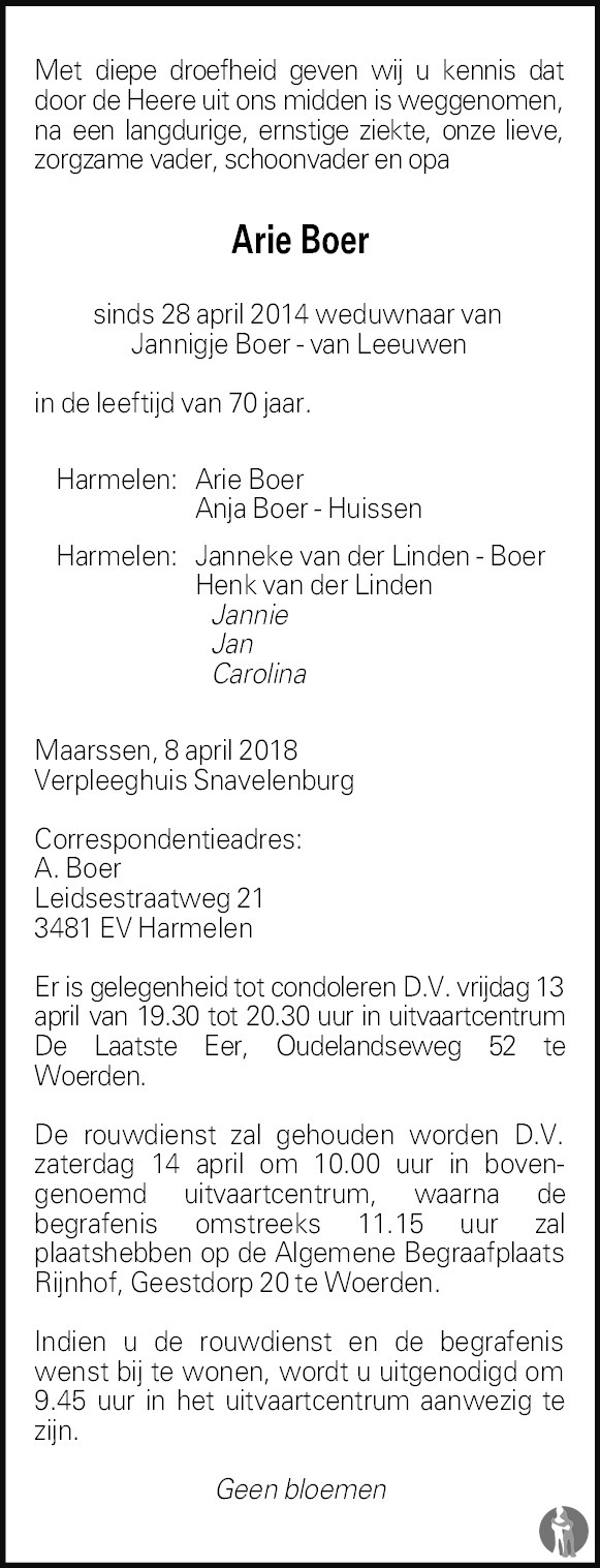 Arie Boer 08-04-2018 overlijdensbericht en condoleances - Mensenlinq.nl