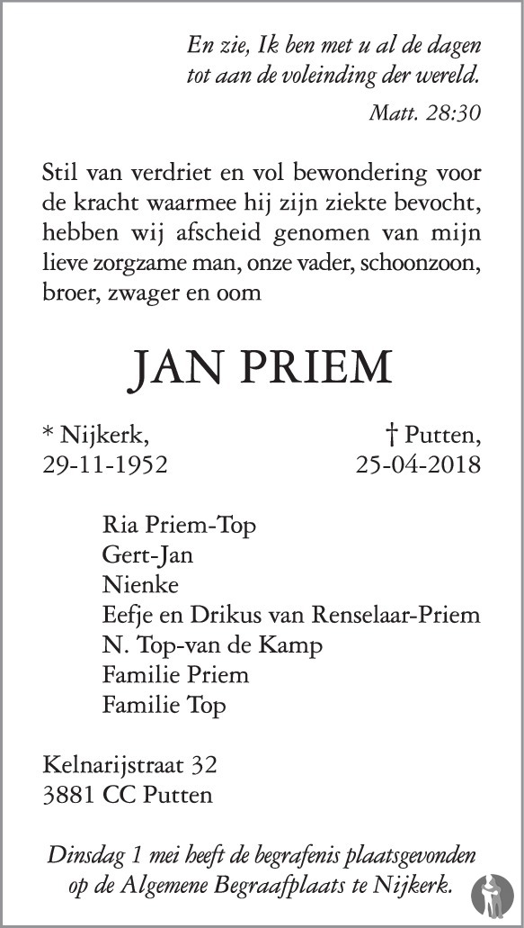 Jan Priem 25-04-2018 overlijdensbericht en condoleances - Mensenlinq.nl