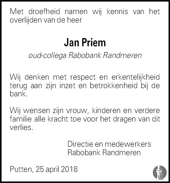 Jan Priem 25-04-2018 overlijdensbericht en condoleances - Mensenlinq.nl