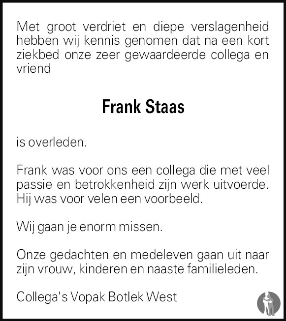 Frank Staas 06-05-2018 overlijdensbericht en condoleances - Mensenlinq.nl