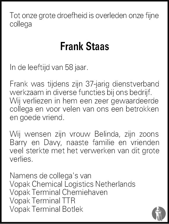 Frank Staas 06-05-2018 overlijdensbericht en condoleances - Mensenlinq.nl