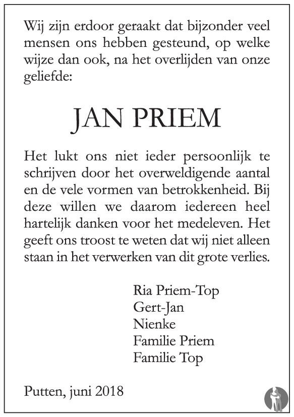 Jan Priem 25-04-2018 overlijdensbericht en condoleances - Mensenlinq.nl