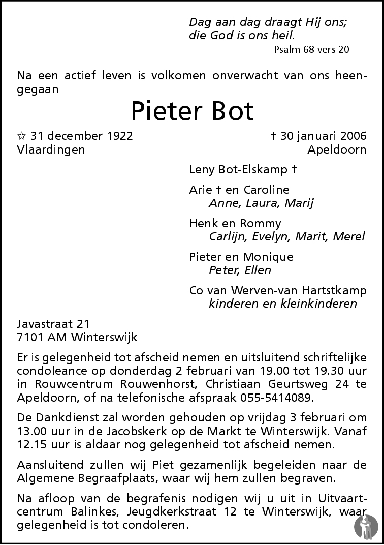 Pieter Bot 30-01-2006 overlijdensbericht en condoleances - Mensenlinq.nl