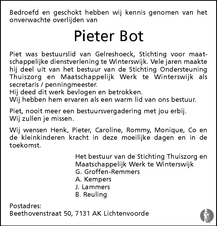 Pieter Bot 30-01-2006 overlijdensbericht en condoleances - Mensenlinq.nl