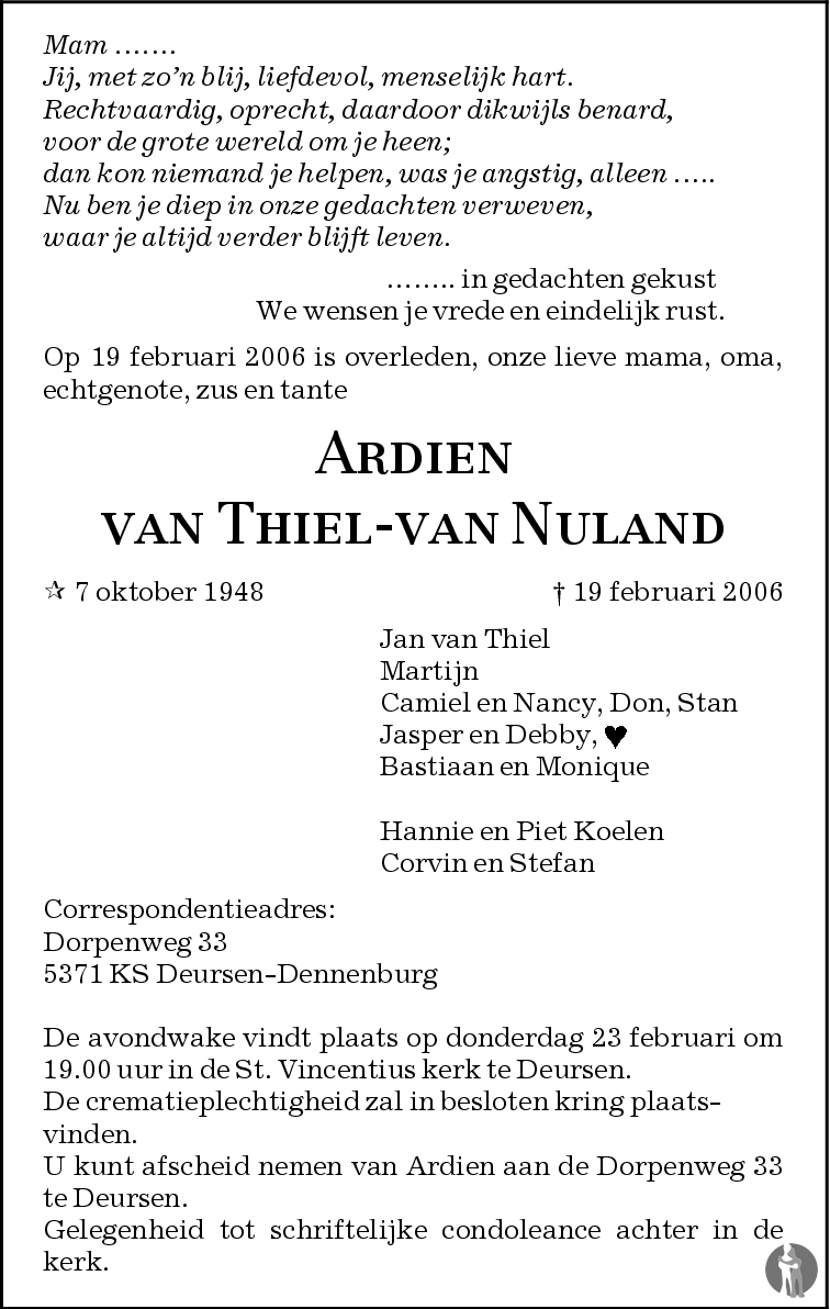 Ardien van Thiel - van Nuland 19-02-2006 overlijdensbericht en ...