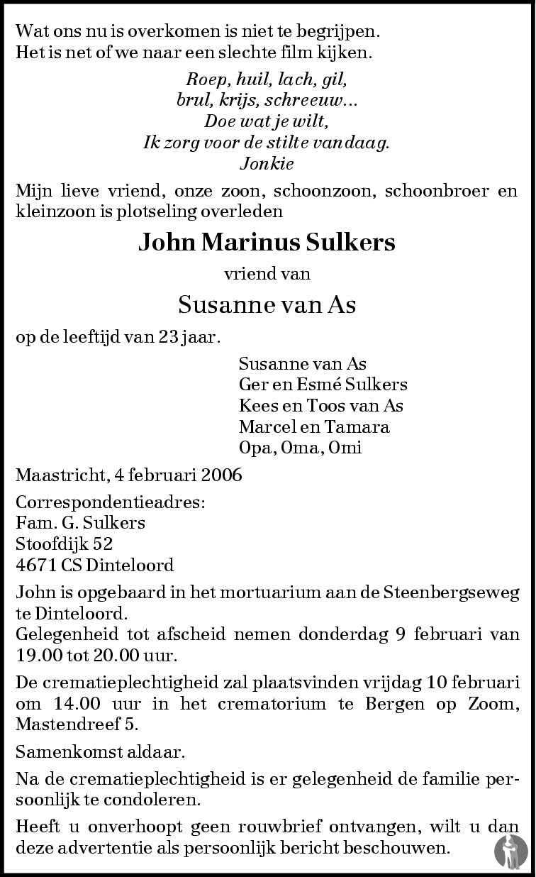 John Marinus Sulkers 04-02-2006 overlijdensbericht en condoleances ...