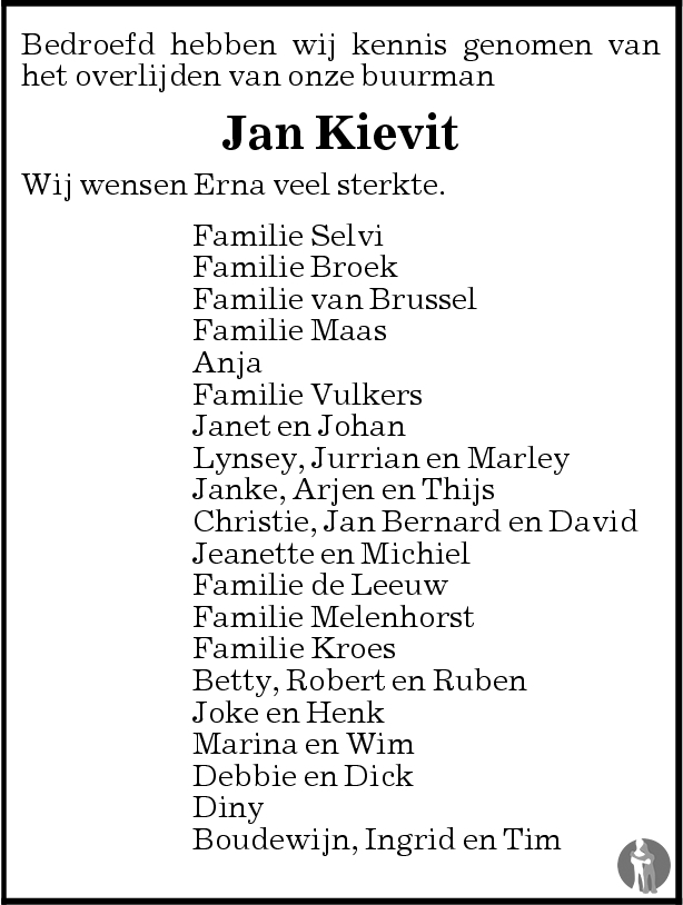 Jan Kievit 28-03-2006 overlijdensbericht en condoleances - Mensenlinq.nl