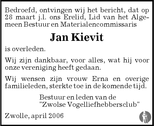 Jan Kievit 28-03-2006 overlijdensbericht en condoleances - Mensenlinq.nl