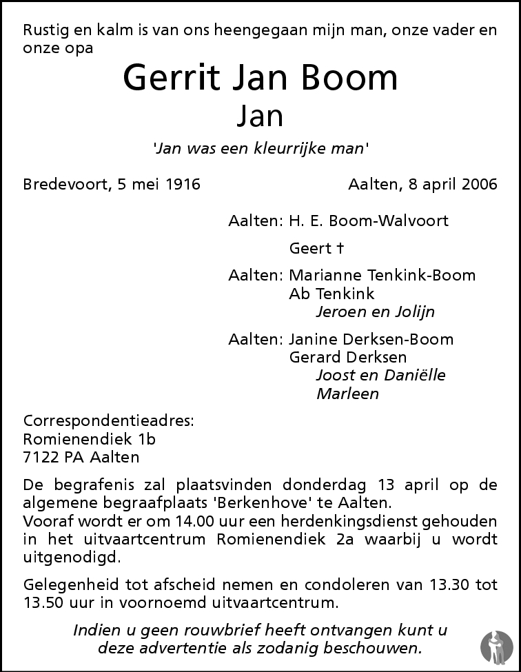 Gerrit Jan (Jan) Boom 08-04-2006 overlijdensbericht en condoleances ...