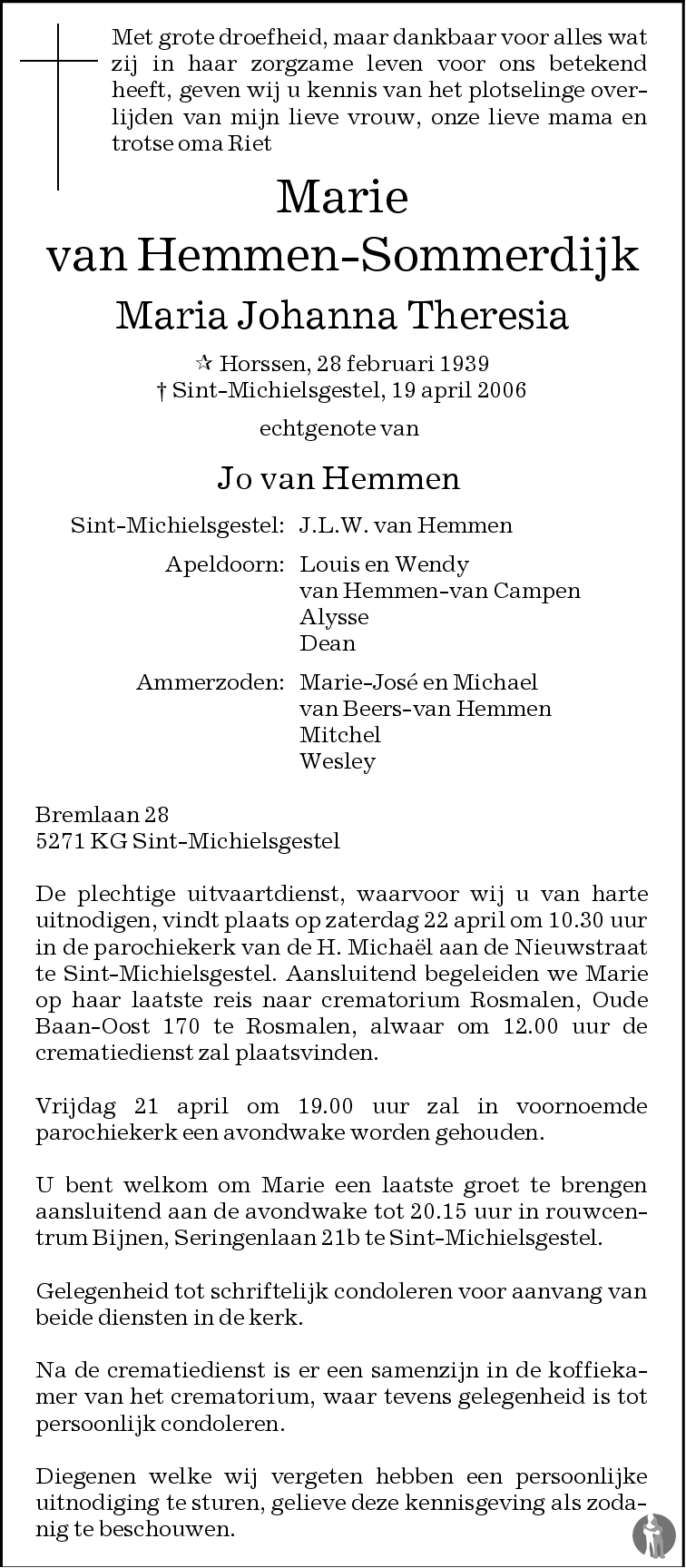 Marie Maria Johanna Theresia van Hemmen - Sommerdijk 19-04-2006 ...