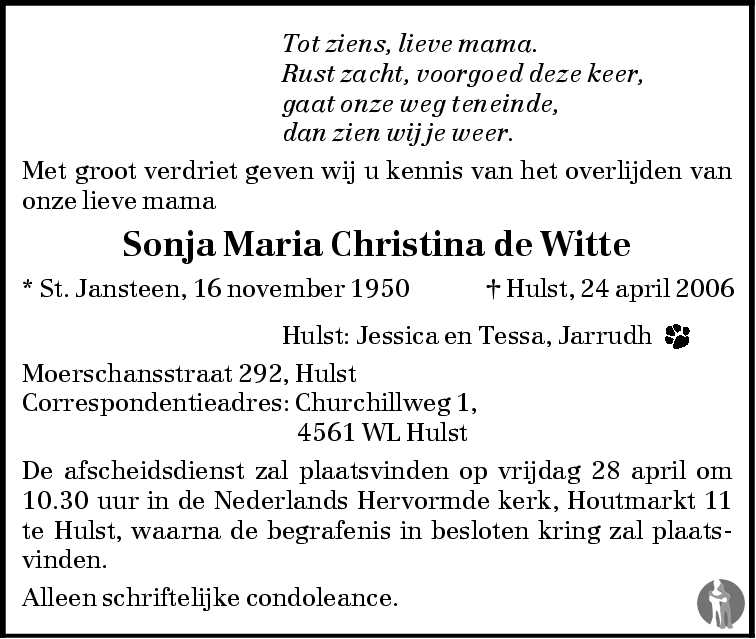 Sonja Maria Christina de Witte 24-04-2006 overlijdensbericht en ...
