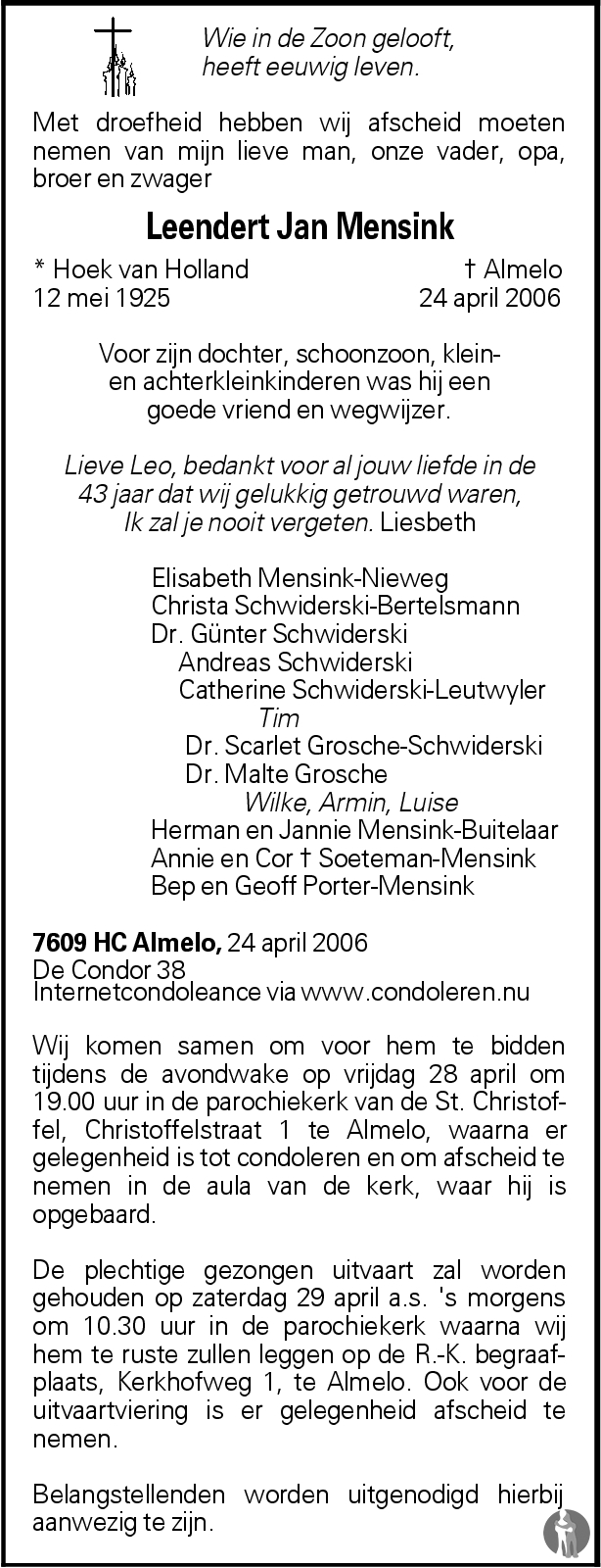 Leendert Jan Mensink 24-04-2006 overlijdensbericht en condoleances ...