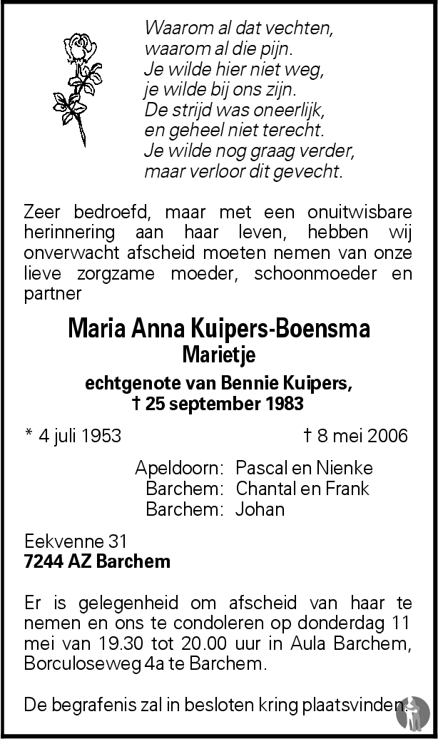 Maria Anna Kuipers - Boensma 08-05-2006 overlijdensbericht en ...