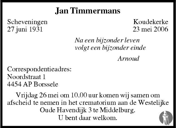 Jan Timmermans 23-05-2006 overlijdensbericht en condoleances ...