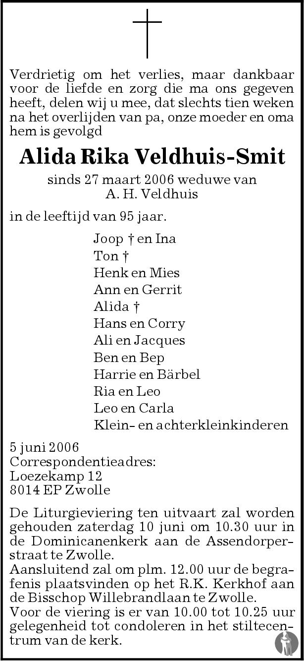Alida Rika Veldhuis - Smit 05-06-2006 overlijdensbericht en ...