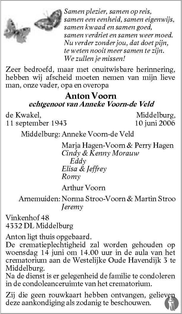 Anton Voorn 10-06-2006 overlijdensbericht en condoleances - Mensenlinq.nl