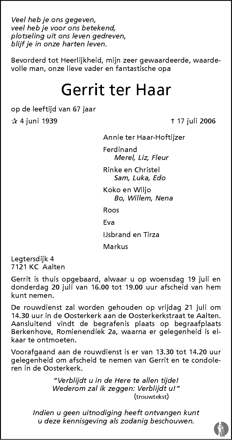 Gerrit ter Haar 17-07-2006 overlijdensbericht en condoleances ...